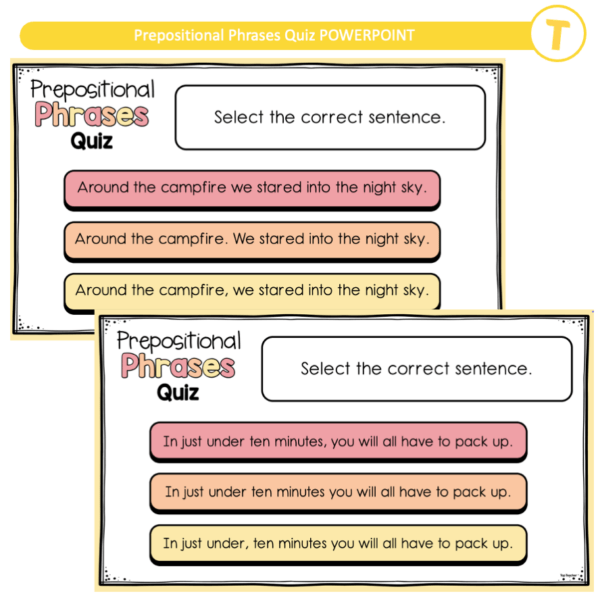 Prepositional Phrases Quiz POWERPOINT - Top Teacher