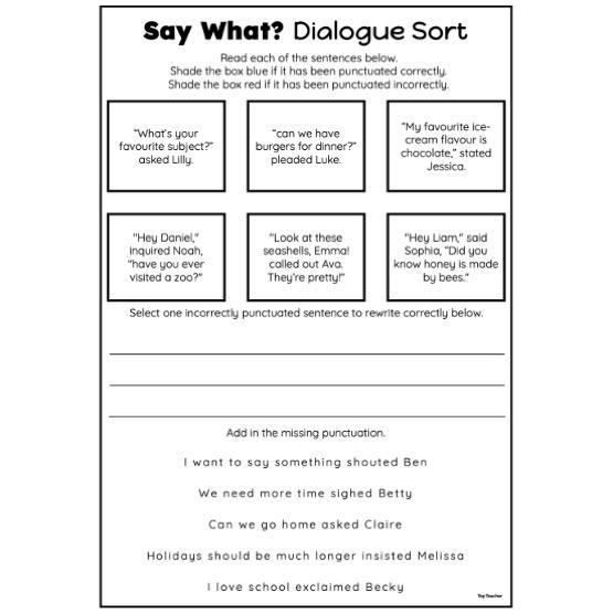 Say What? Dialogue Sort Worksheet - Top Teacher