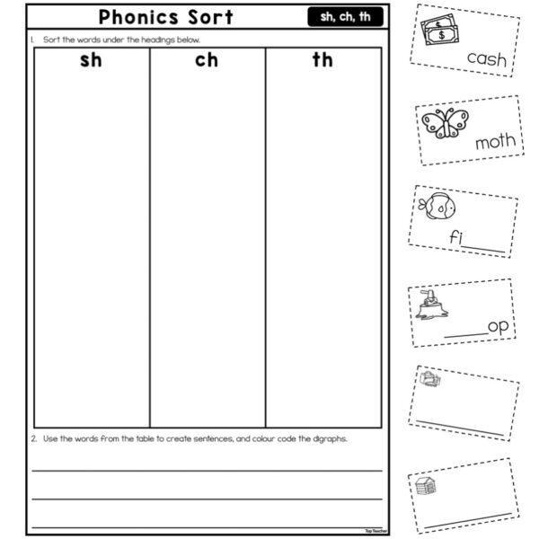 Phonics Sort Worksheet: sh, ch, th - Top Teacher