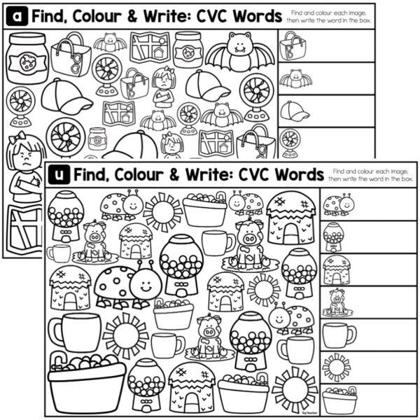 Find, Colour & Write: CVC Words Worksheets - Top Teacher