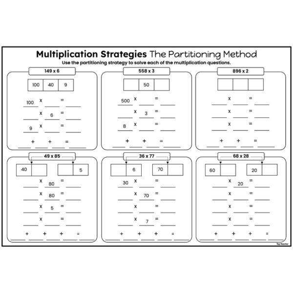 Multiplication Strategies: The Partitioning Method Worksheets - Top Teacher