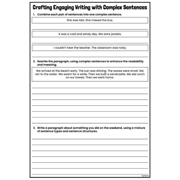 Crafting Engaging Writing with Complex Sentences Worksheets - Top Teacher