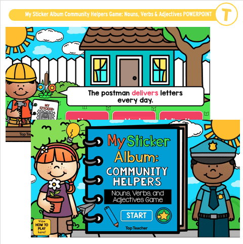 My Sticker Album Community Helpers Game: Nouns, Verbs & Adjectives ...