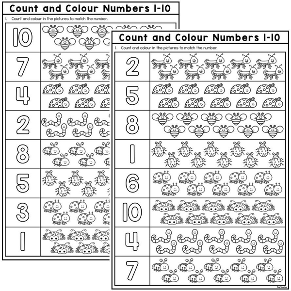 Count & Colour Bugs: Numbers 1-10 Worksheets - Top Teacher