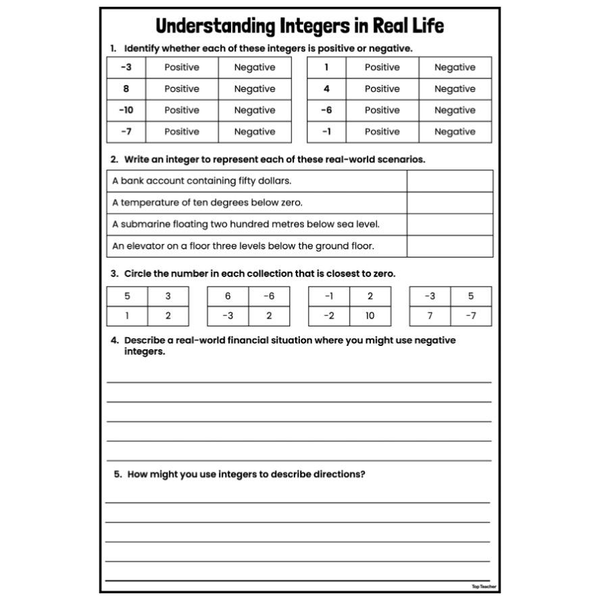 Understanding Integers in Real Life Worksheets - Top Teacher