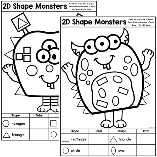 2D Shape Monsters: Identify & Count 2D Shapes Worksheets - Top Teacher