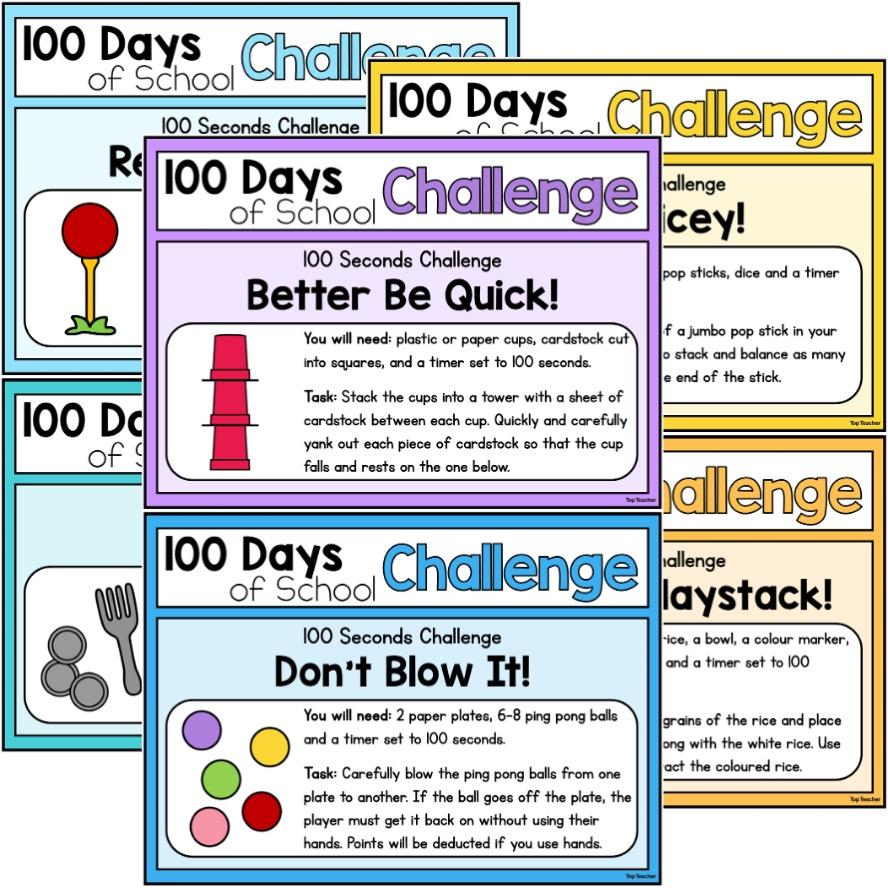 100 Days of School: 100 Seconds Challenge Task Cards - Top Teacher