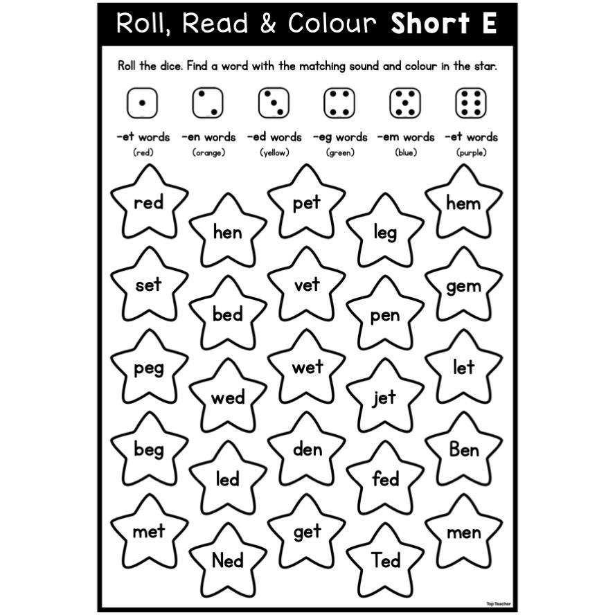 Roll, Read & Colour CVC Words: Short E - Top Teacher