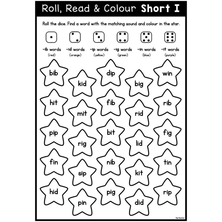 Roll, Read & Colour CVC Words: Short I - Top Teacher