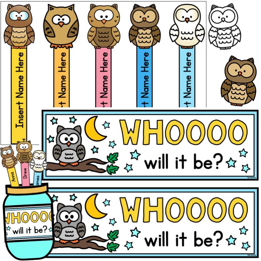 Whooo Will it Be? Name Sticks: Back to School - Top Teacher