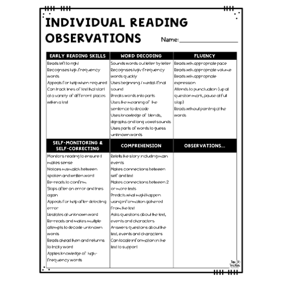 Individual Reading Observation Checklist - Top Teacher