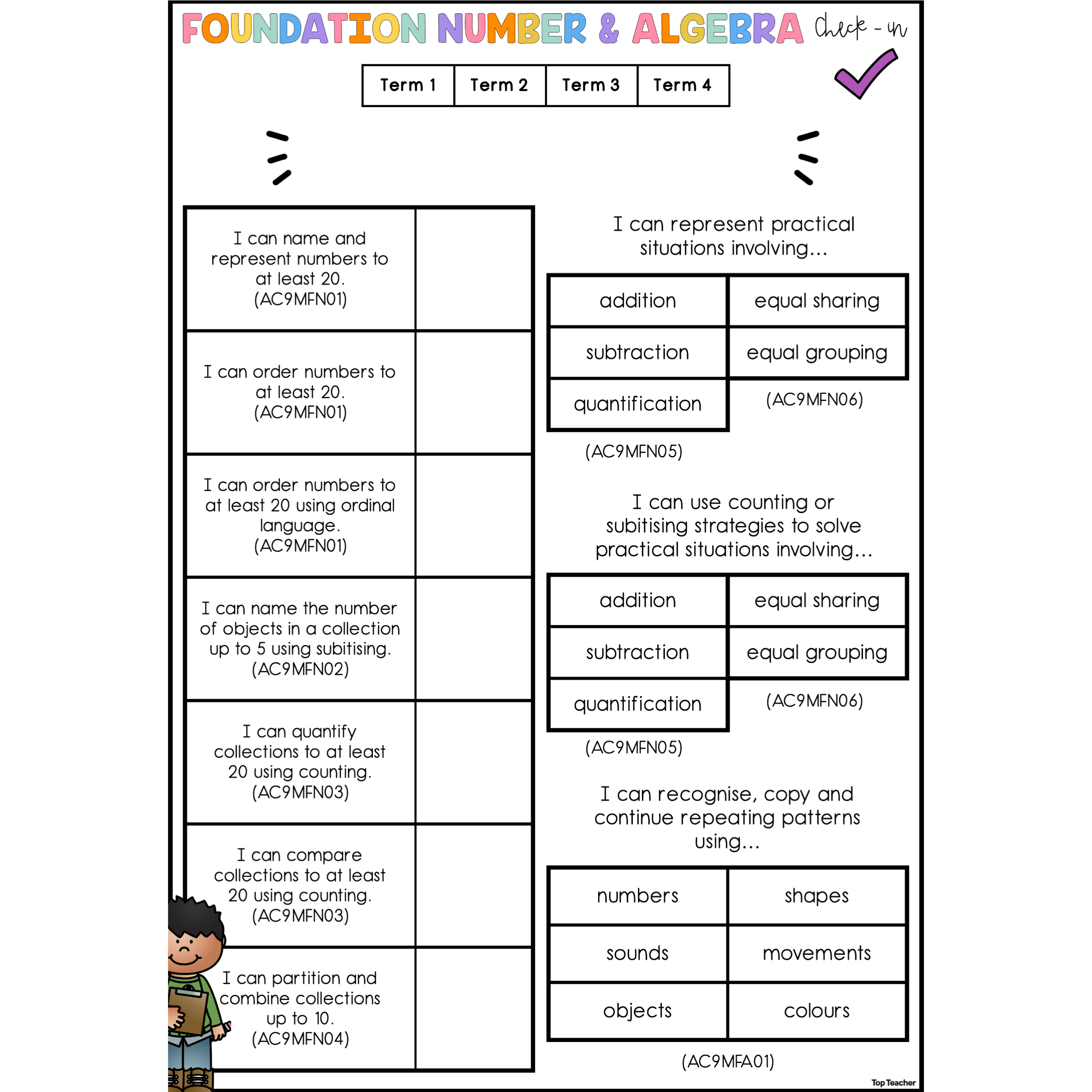 Number & Algebra Check-In Recording Sheet: Foundation - Top Teacher