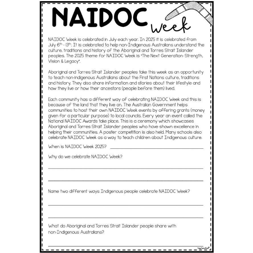 NAIDOC Week Comprehension - Top Teacher