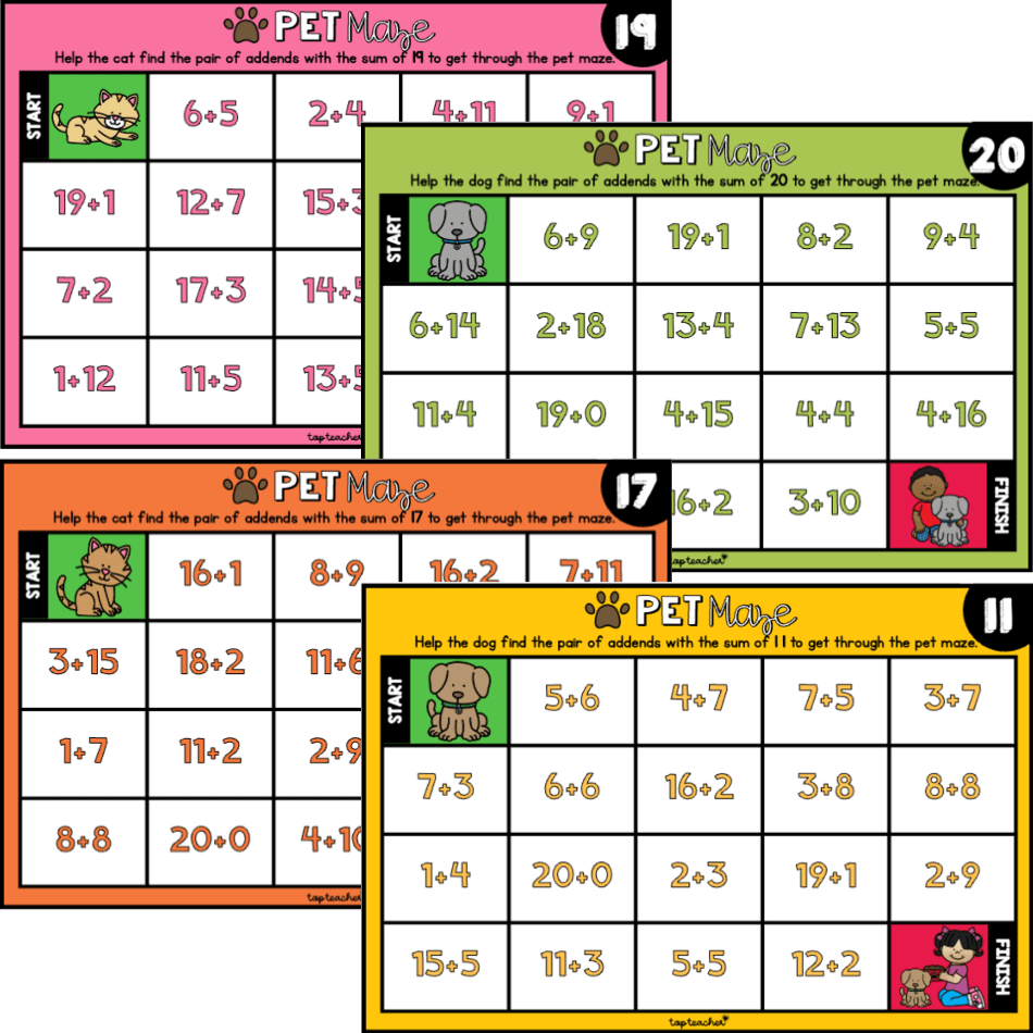 Addition within 20 Task Cards: Pet Maze - Top Teacher