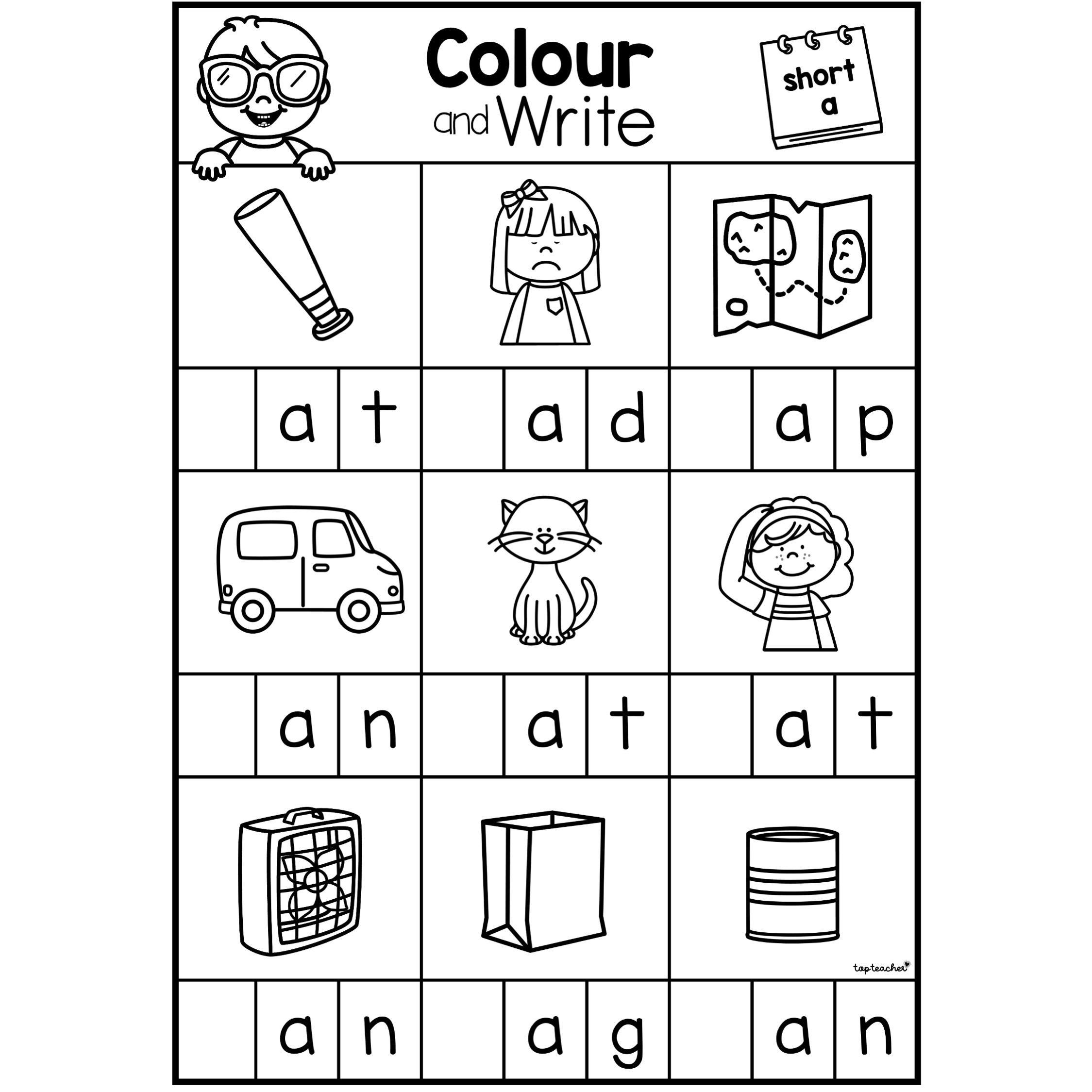 Colour & Write Initial Sound CVC Worksheets - Top Teacher