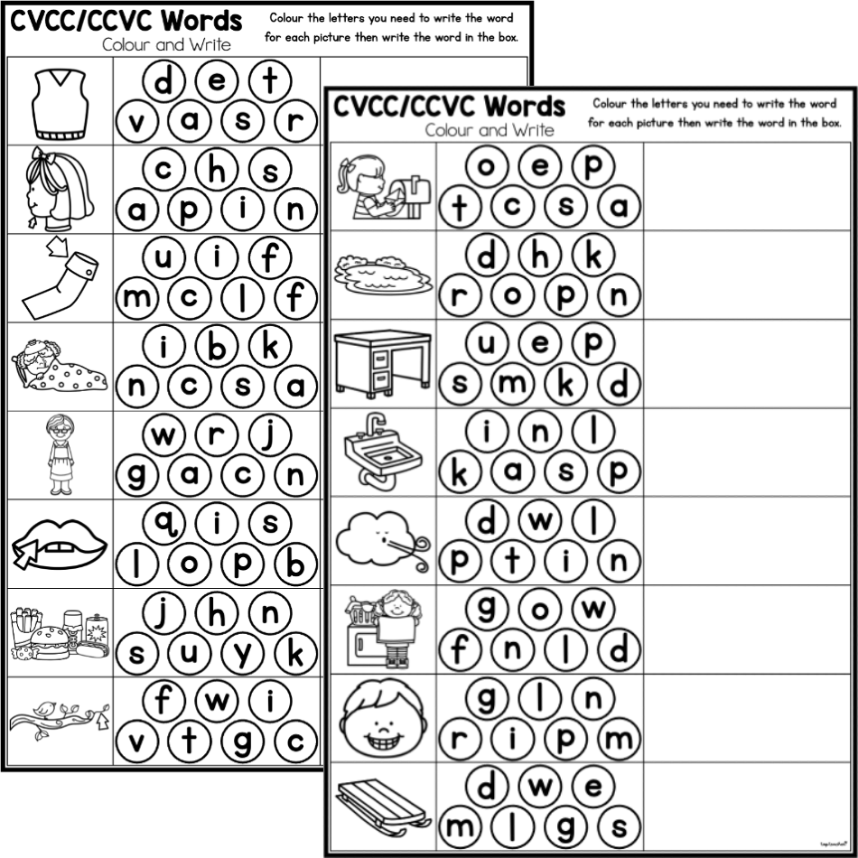 CVCC & CCVC Words: Colour & Write Worksheets - Top Teacher