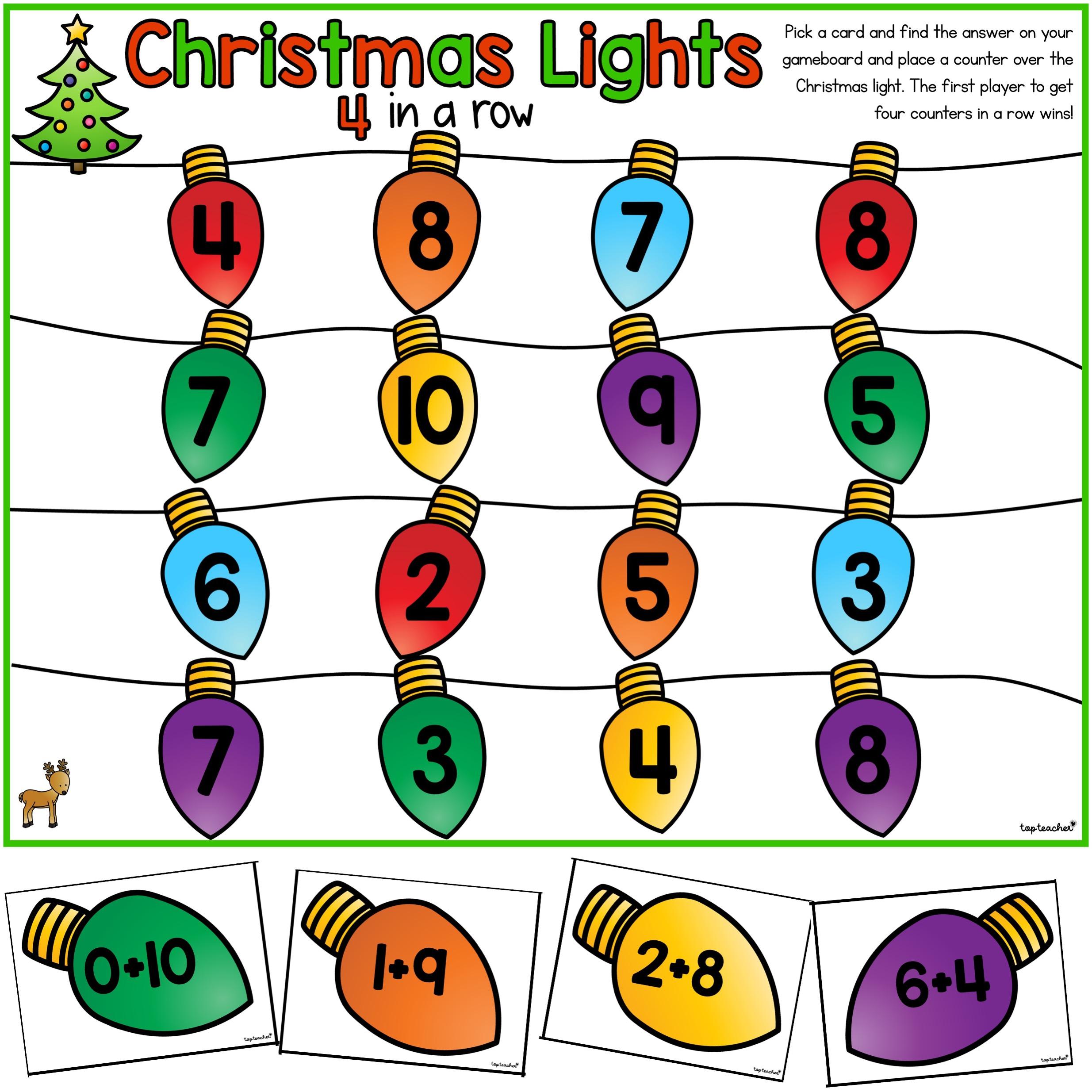 Four in a Row: Christmas Lights Add to 10 Game - Top Teacher