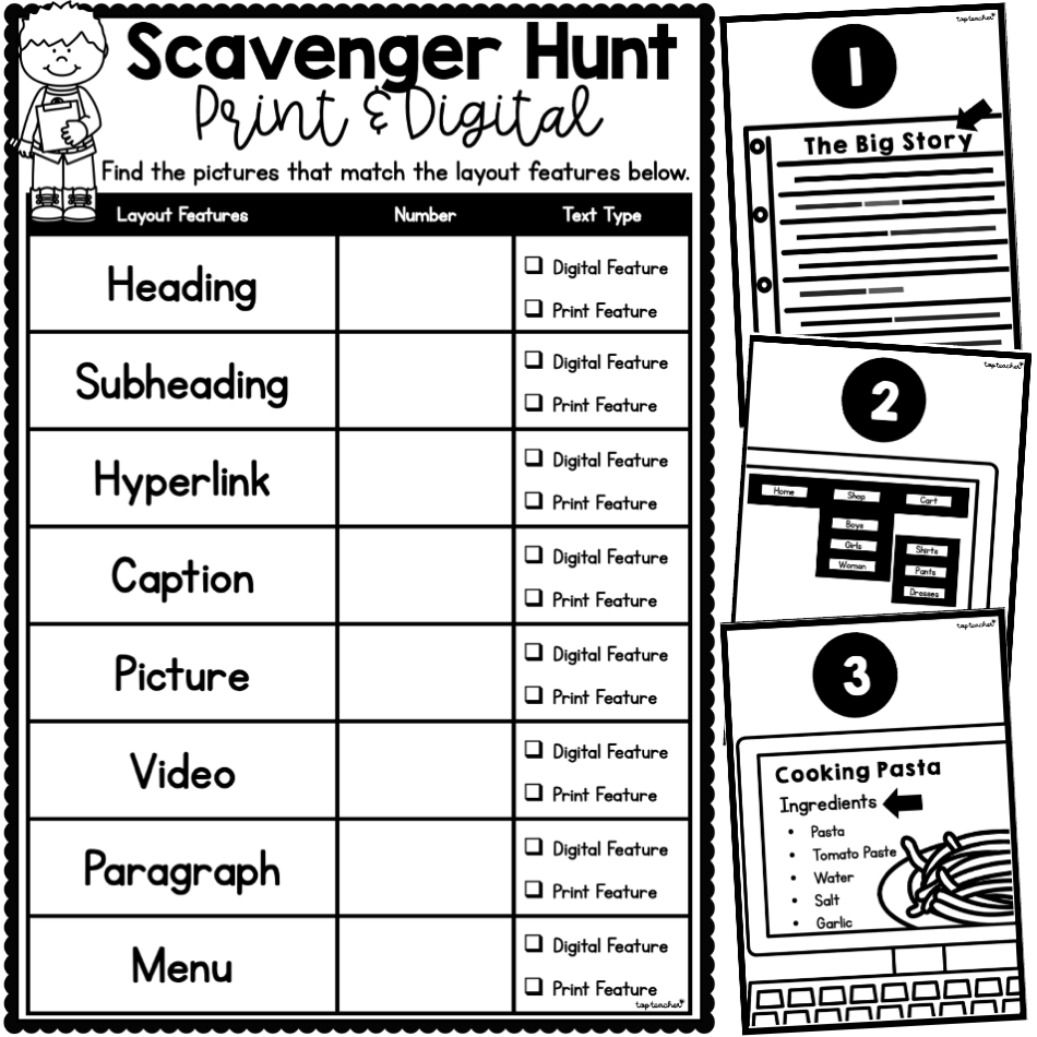 Digital & Print Layout Features Scavenger Hunt - Top Teacher