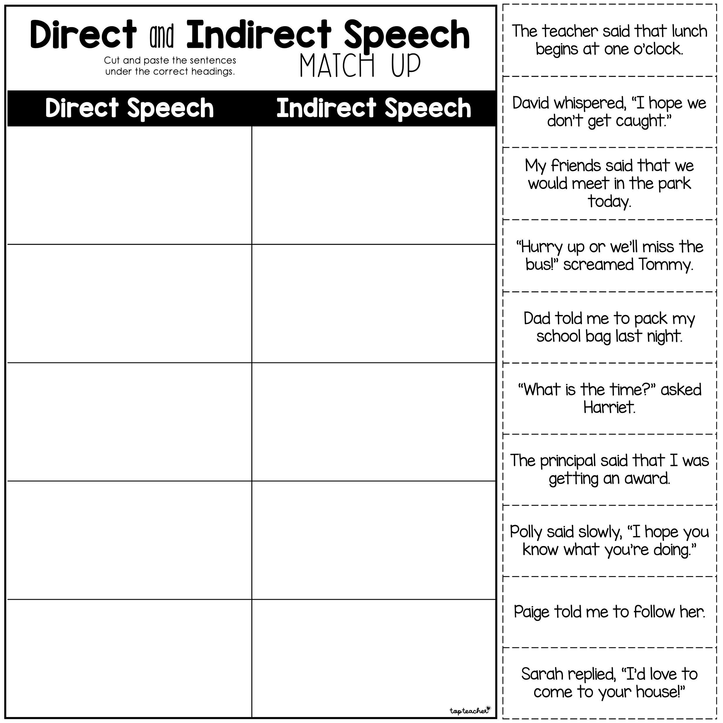 Direct & Indirect Speech Cut & Paste Worksheet - Top Teacher