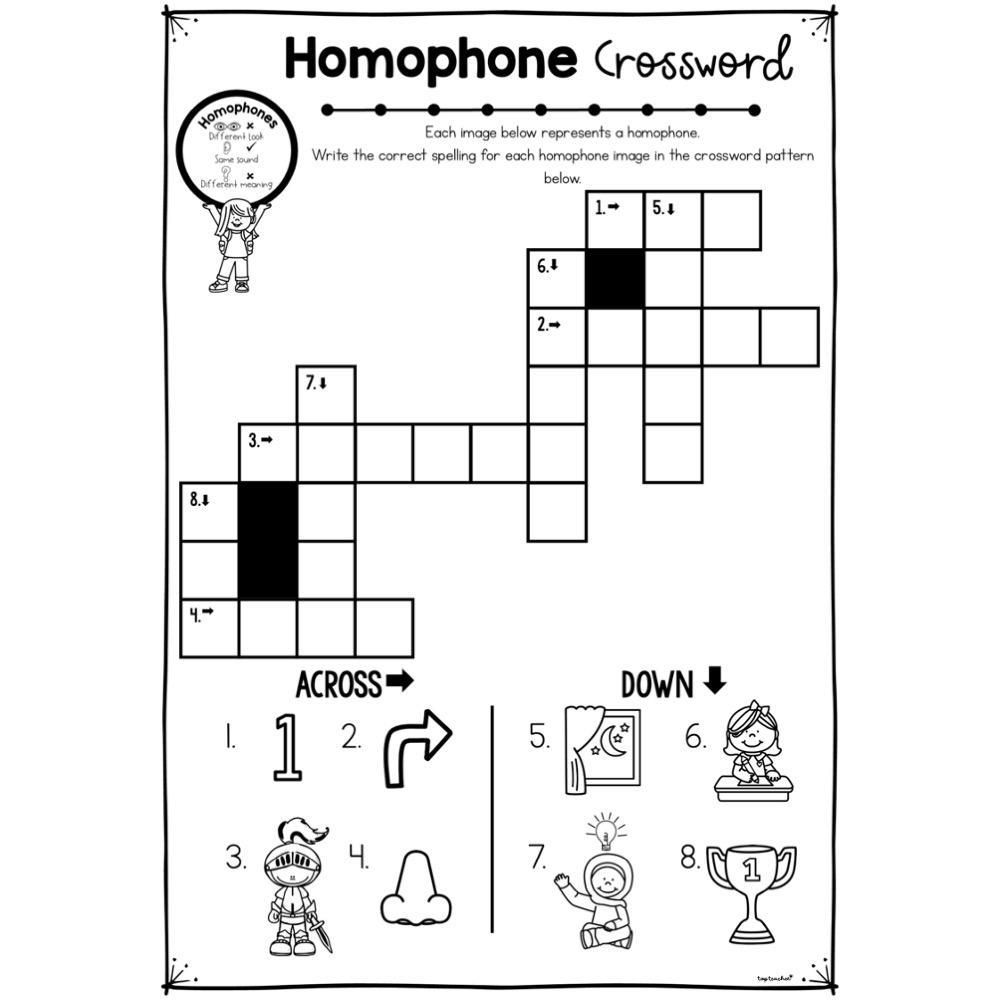 Homophone Crossword Worksheet - Top Teacher