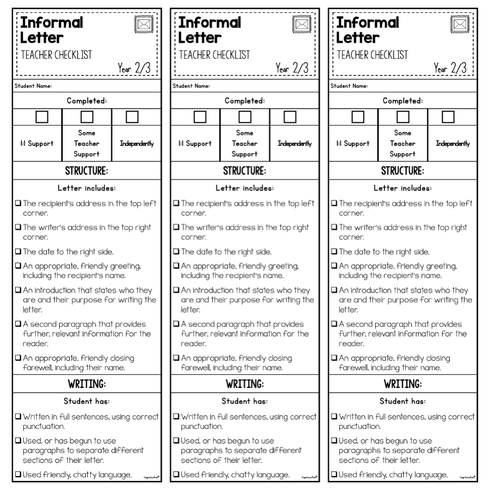 Informal Letter Writing Teacher Checklist - Top Teacher