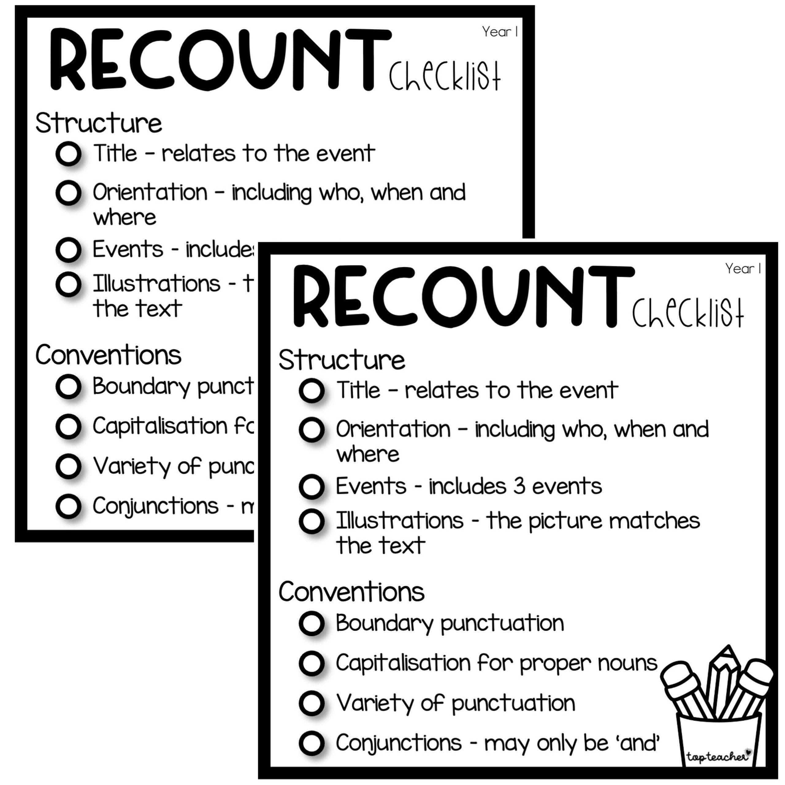 Recount Teacher Checklist: Year 1 - Top Teacher