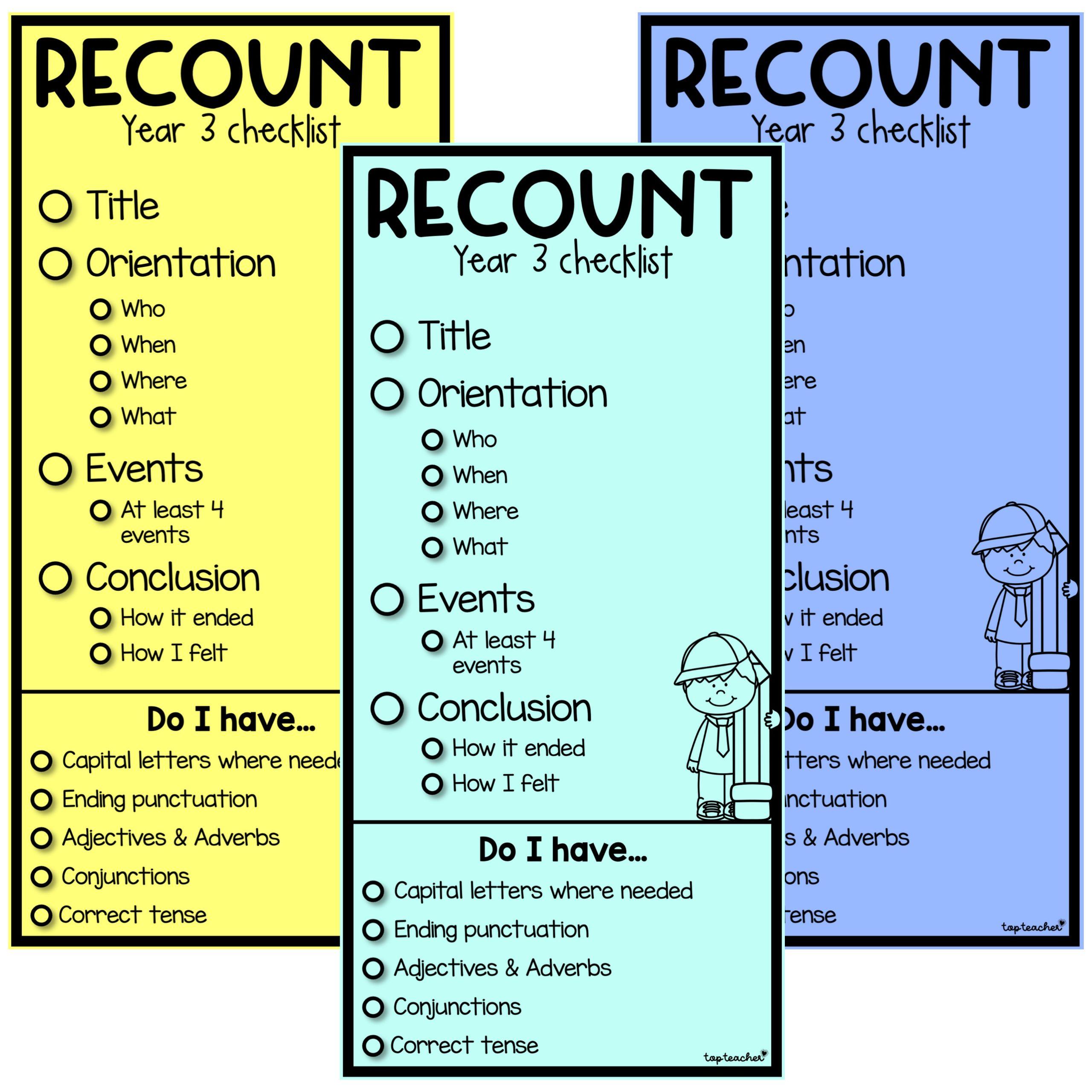 Recount Student Checklist: Year 3 - Top Teacher