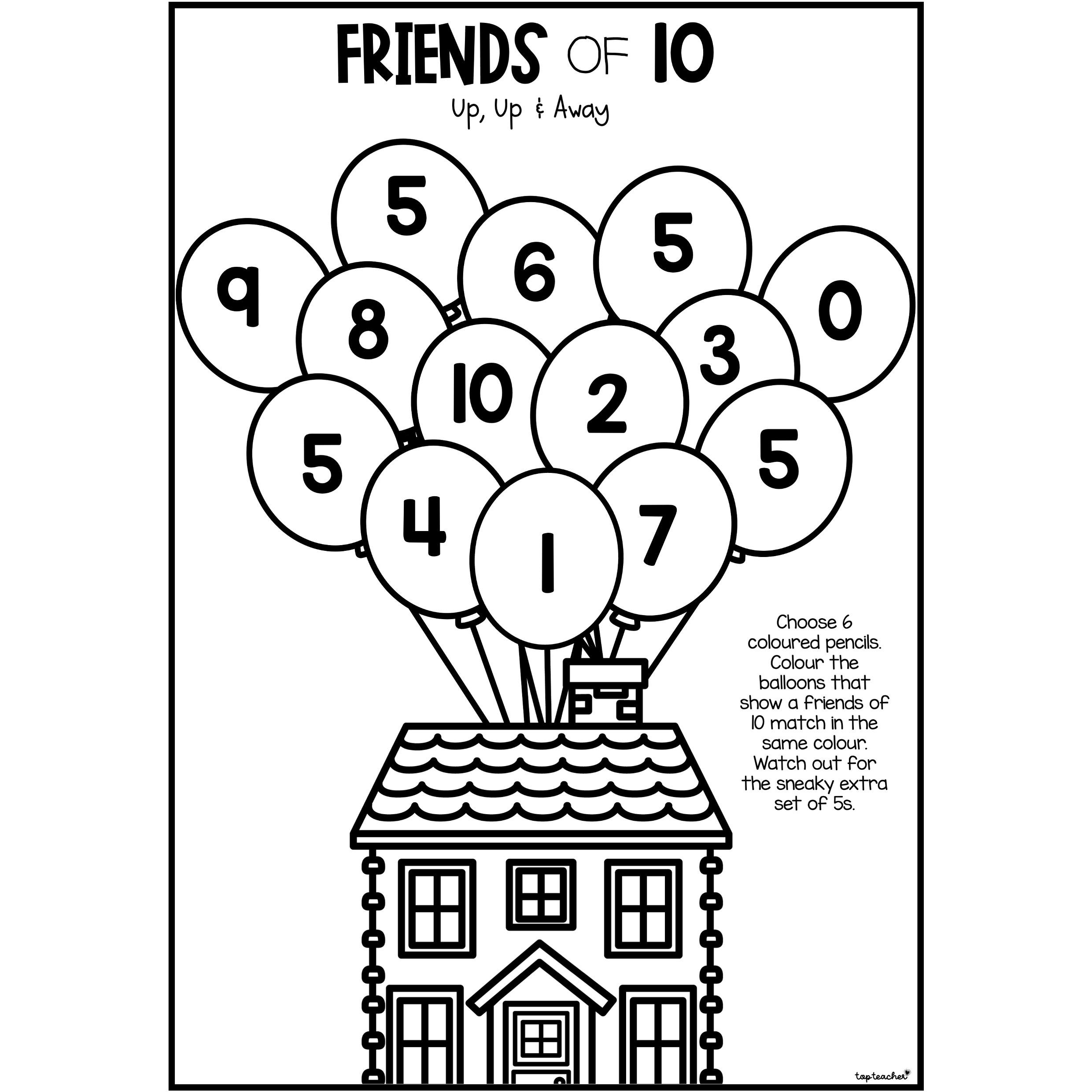 Up, Up & Away Friends of Ten Worksheet - Top Teacher