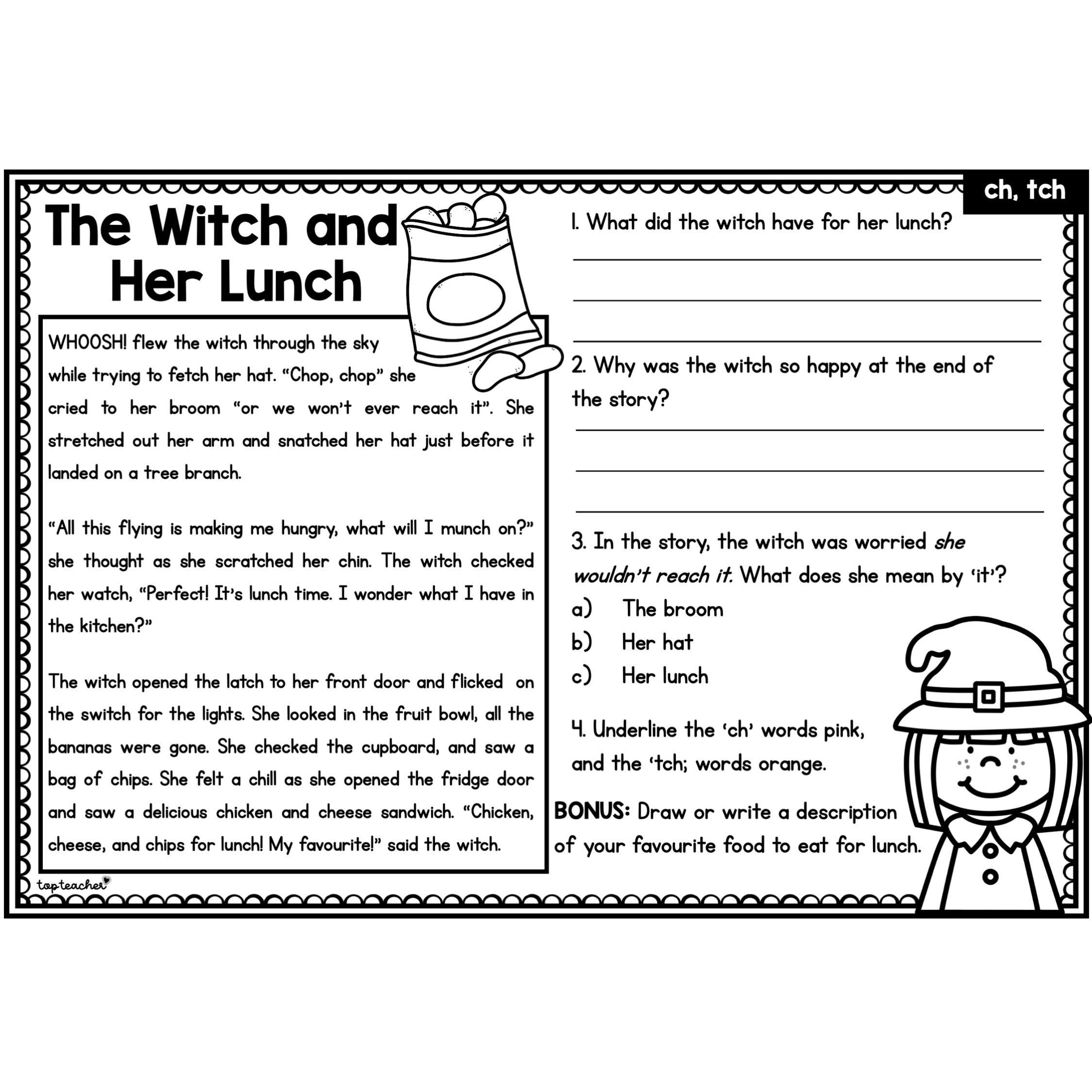 Reading & Comprehension Passage: ch, tch - Top Teacher