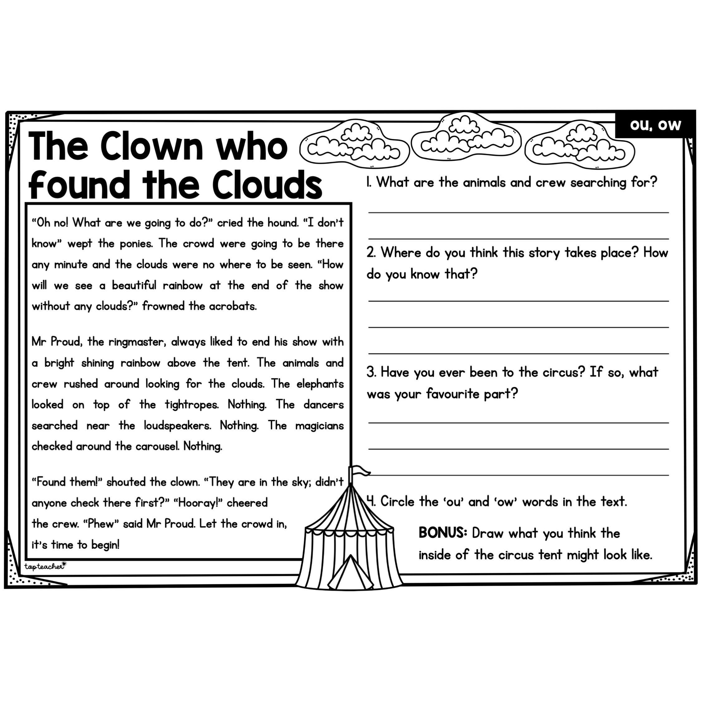 Reading & Comprehension Passage: ou, ow - Top Teacher