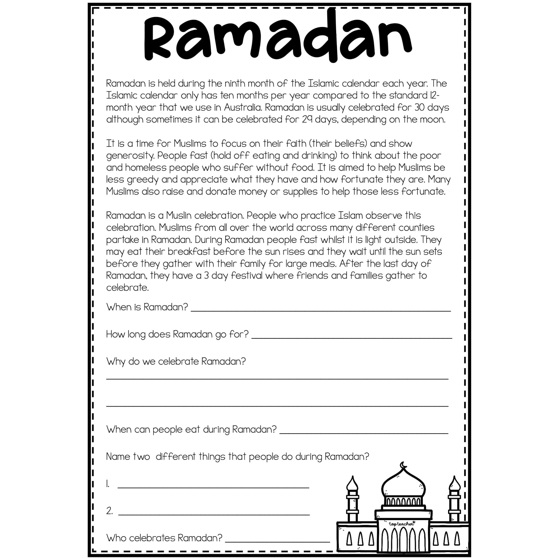 Ramadan Comprehension Worksheet - Top Teacher