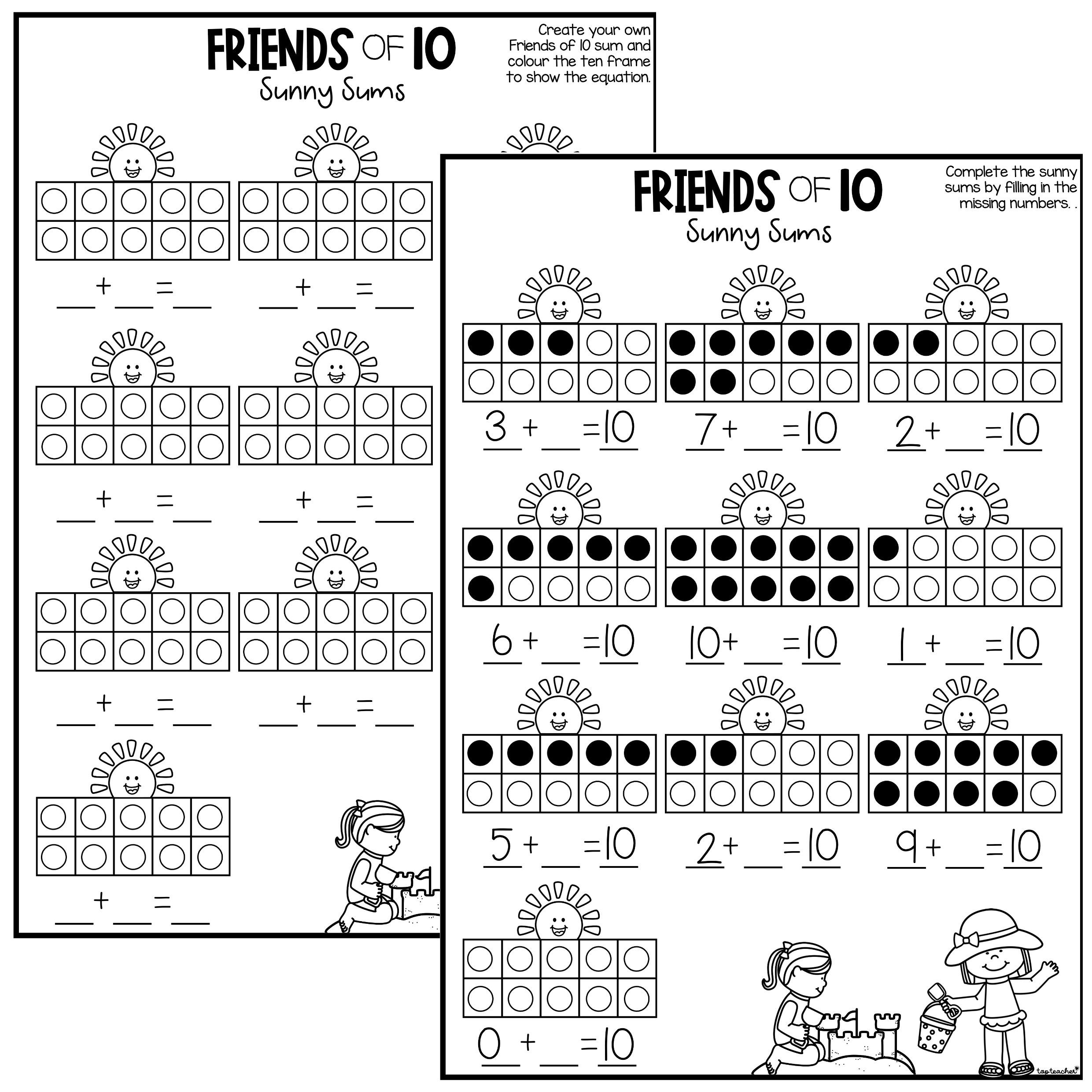 Sunny Sums Friends of Ten Worksheet - Top Teacher