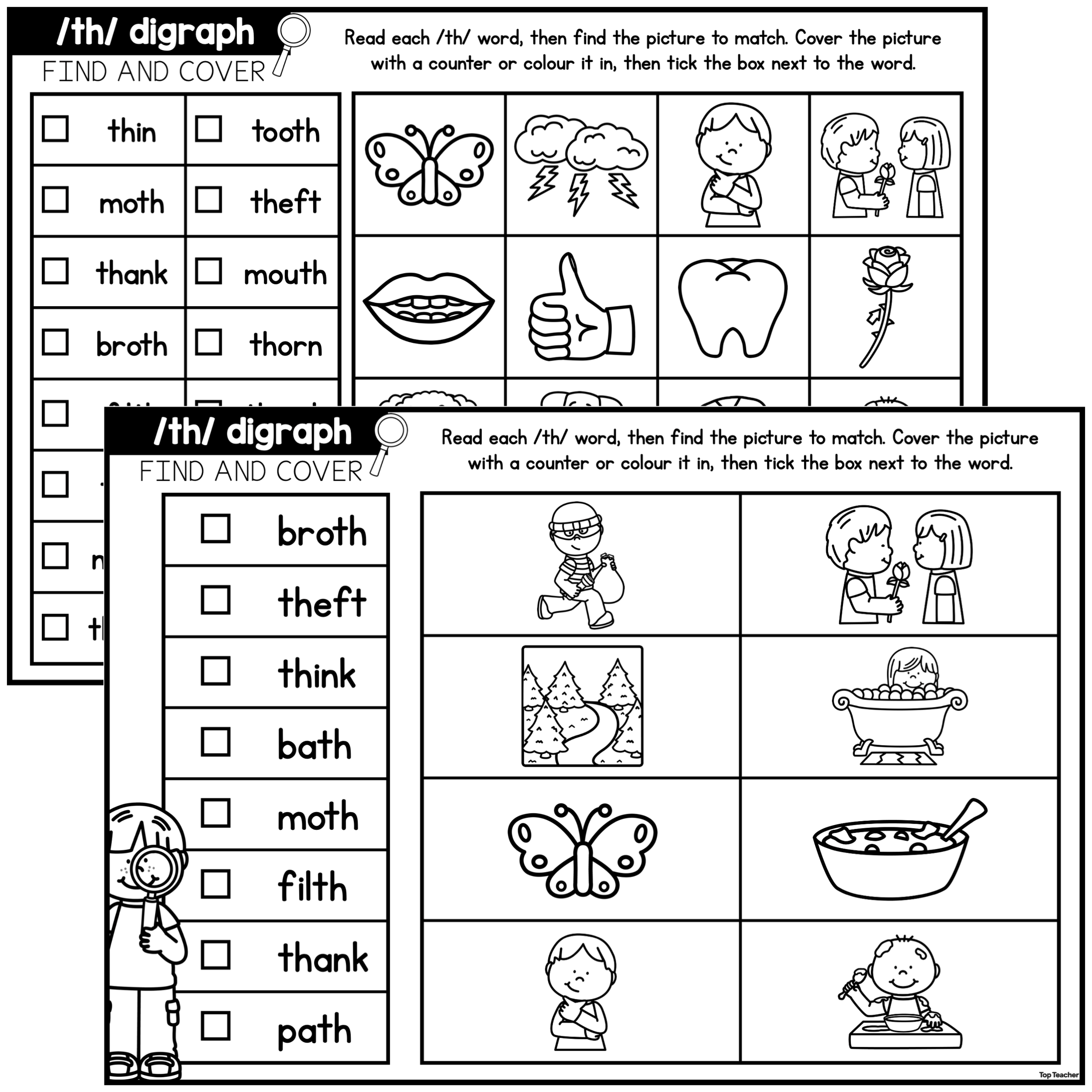 TH Digraph: Find & Cover Worksheets - Top Teacher