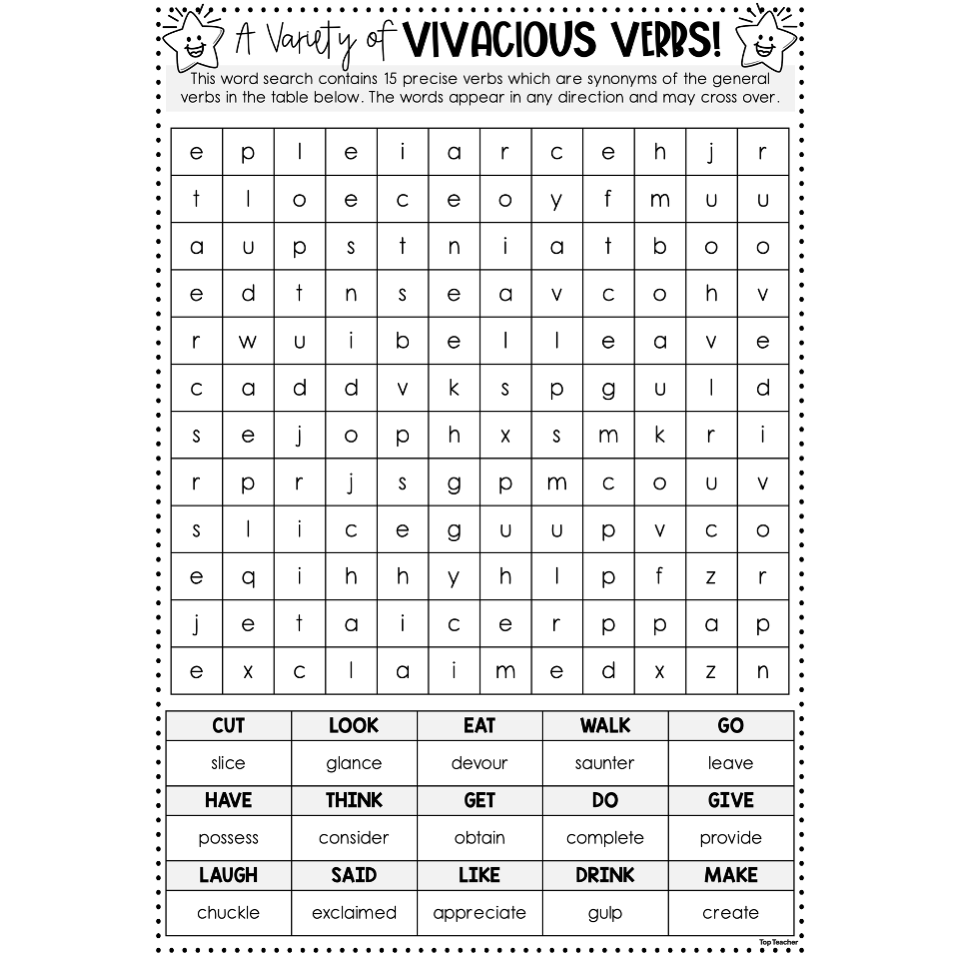 A Variety of Vivacious Verbs Word Search - Top Teacher