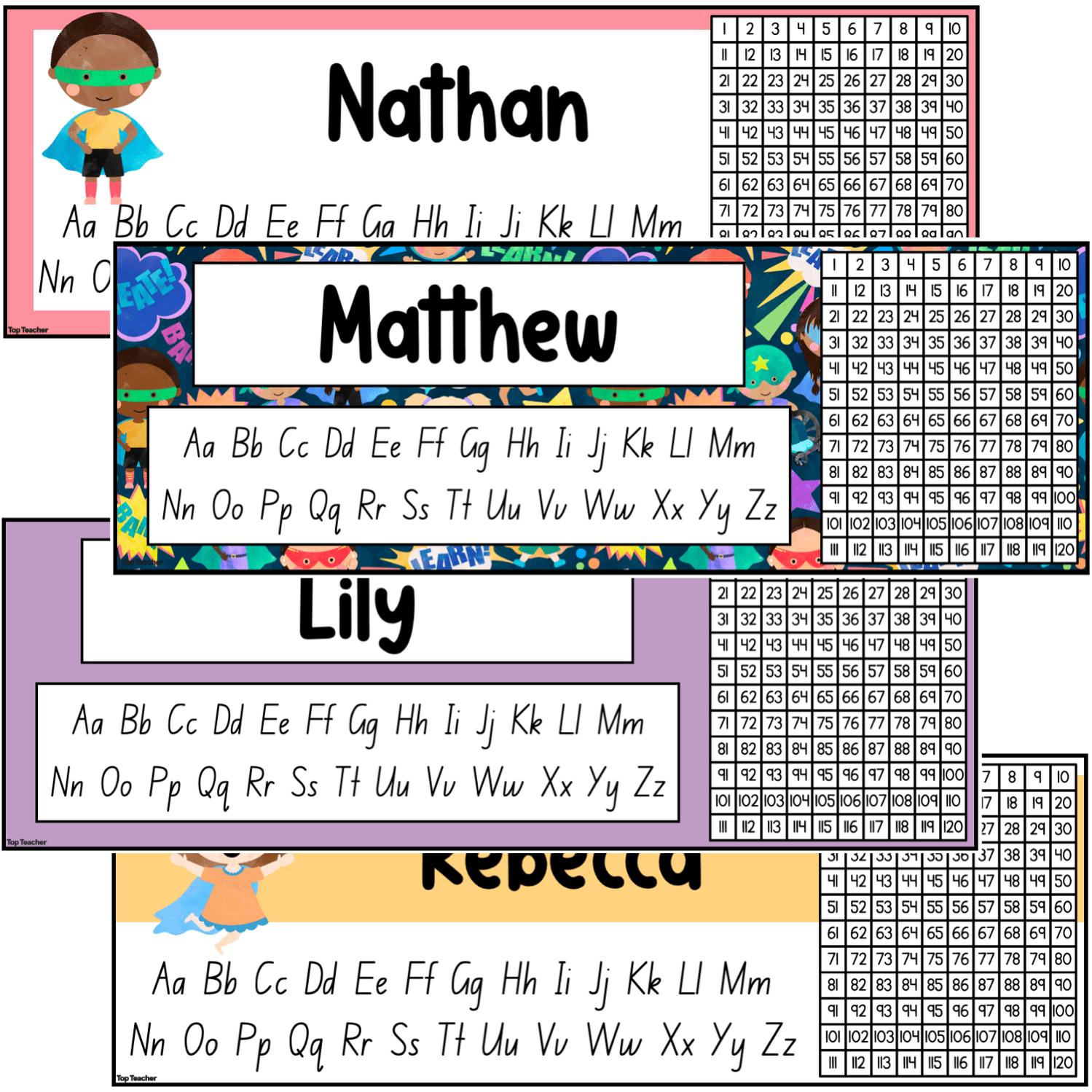 Alphabet Desk Mats Hundred Chart Hero Kids - Top Teacher