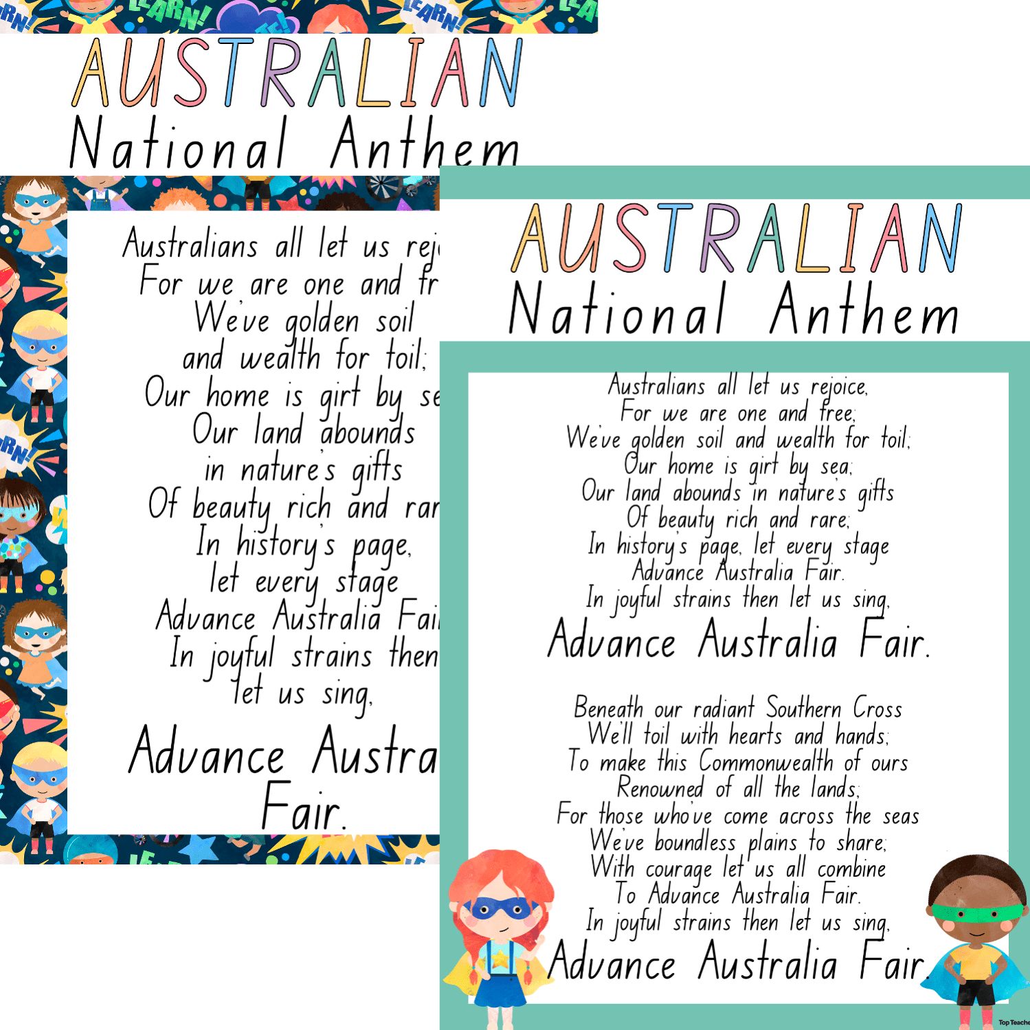 Australian National Anthem Poster Hero Kids - Top Teacher