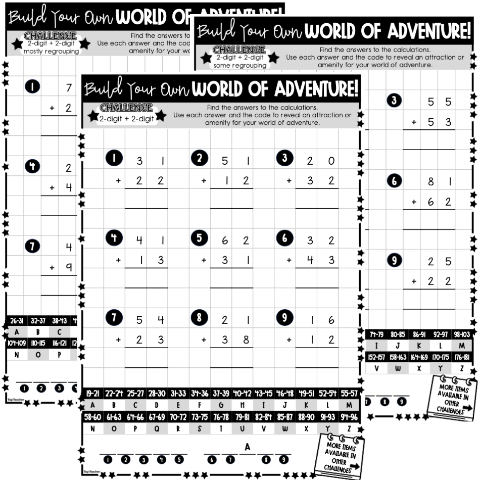 Two-Digit Add Two-Digit World of Adventure Worksheets - Top Teacher