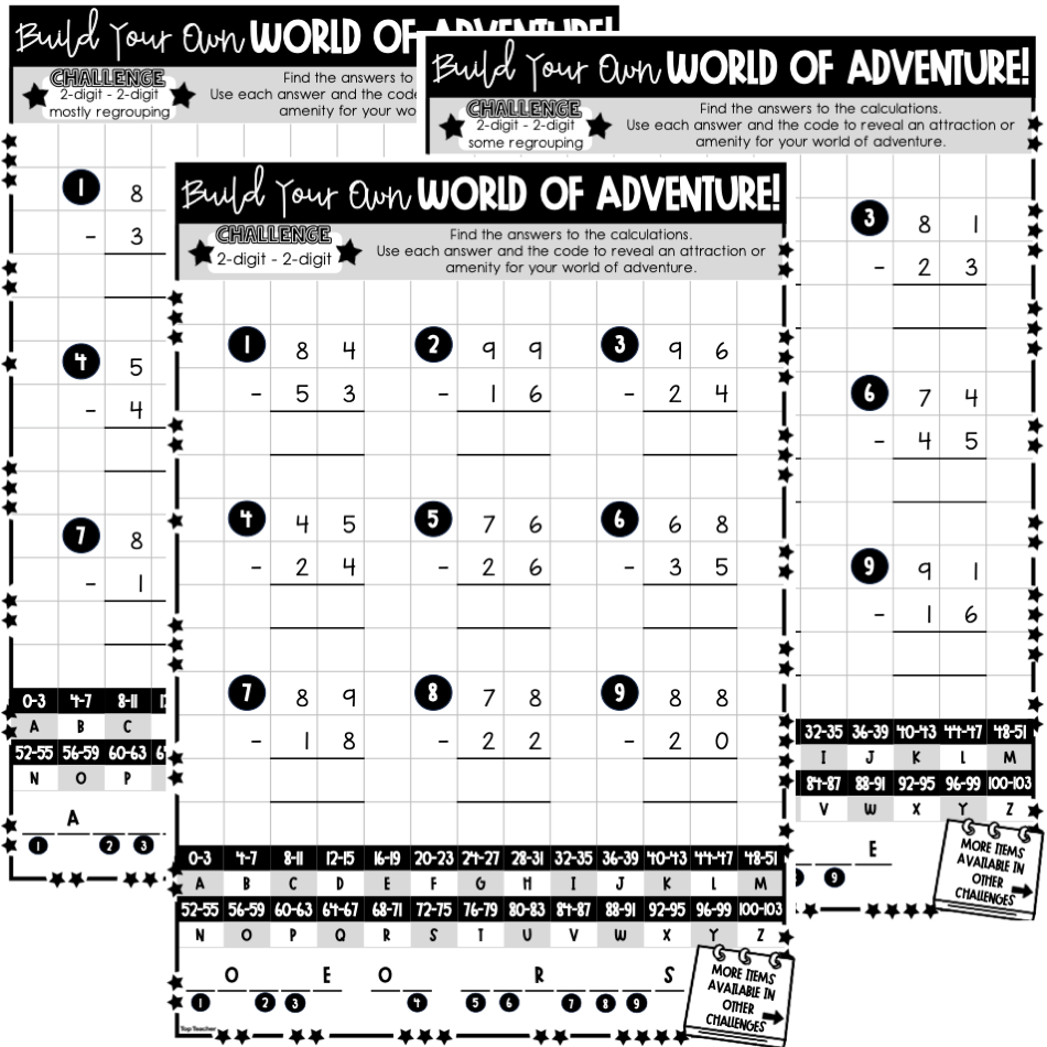 Two-Digit Subtract Two-Digit World of Adventure Worksheets - Top Teacher