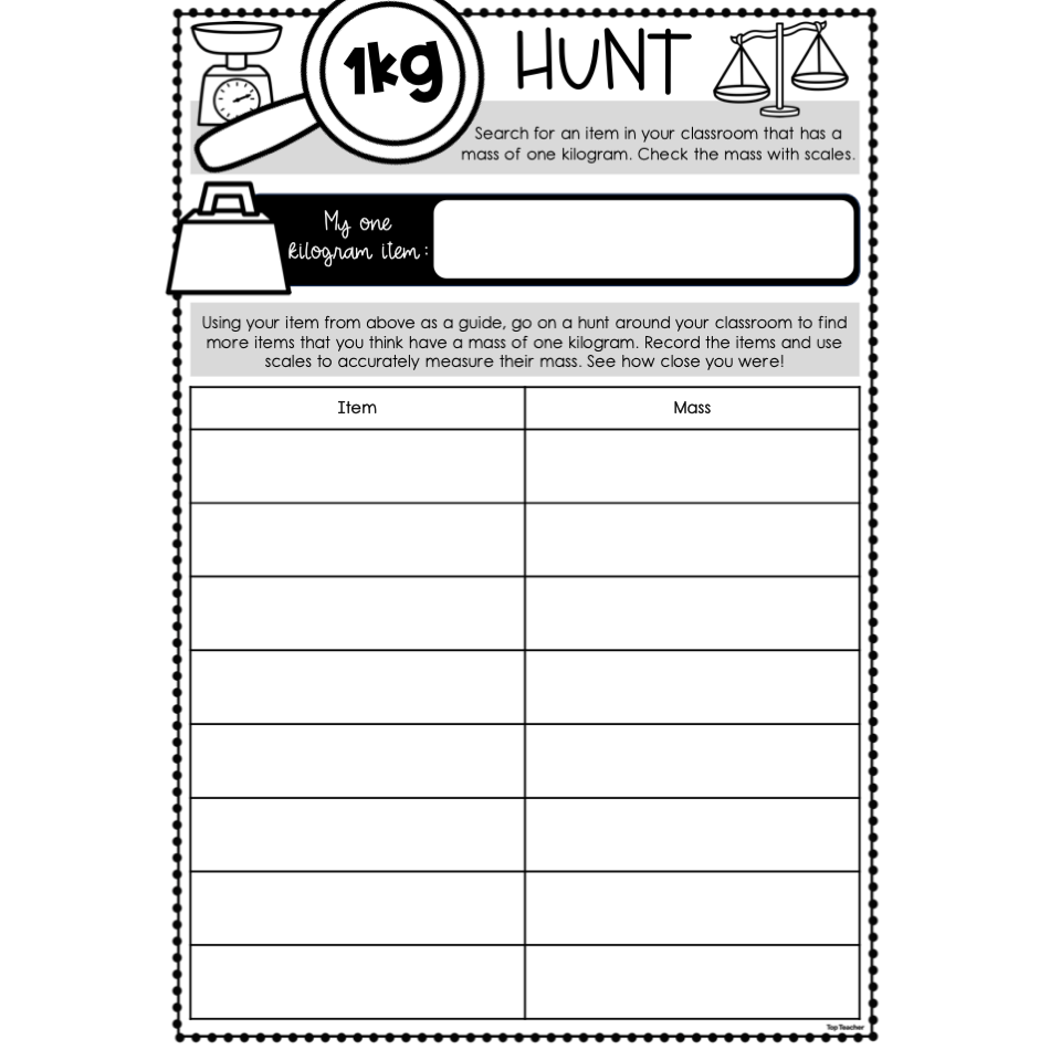 1 Kilogram Hunt: Mass Worksheets - Top Teacher