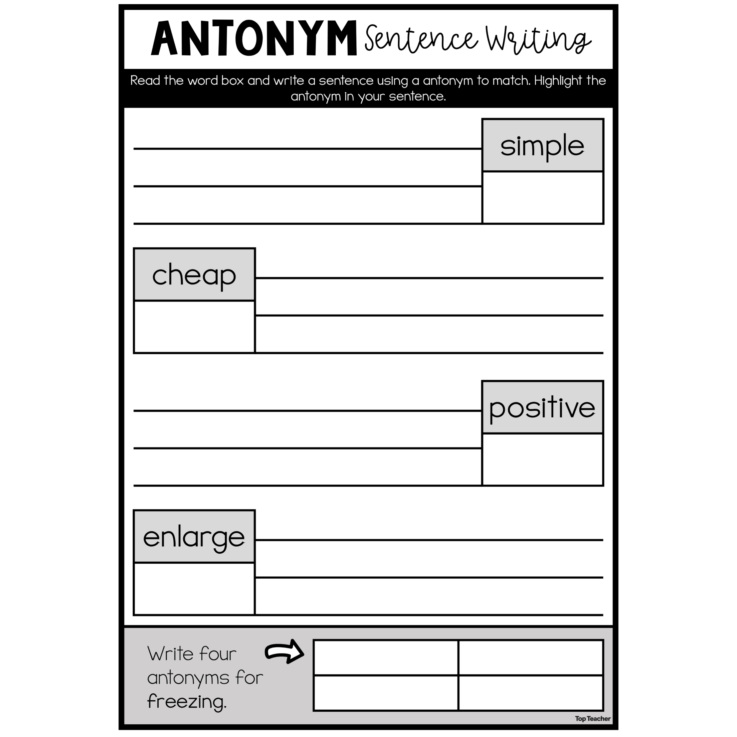 Antonym Sentence Writing Worksheets - Top Teacher