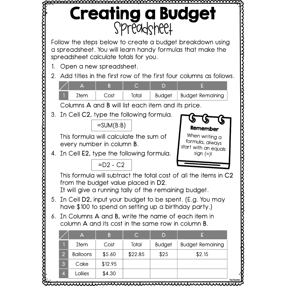 Creating a Budget Spreadsheet Activity - Top Teacher