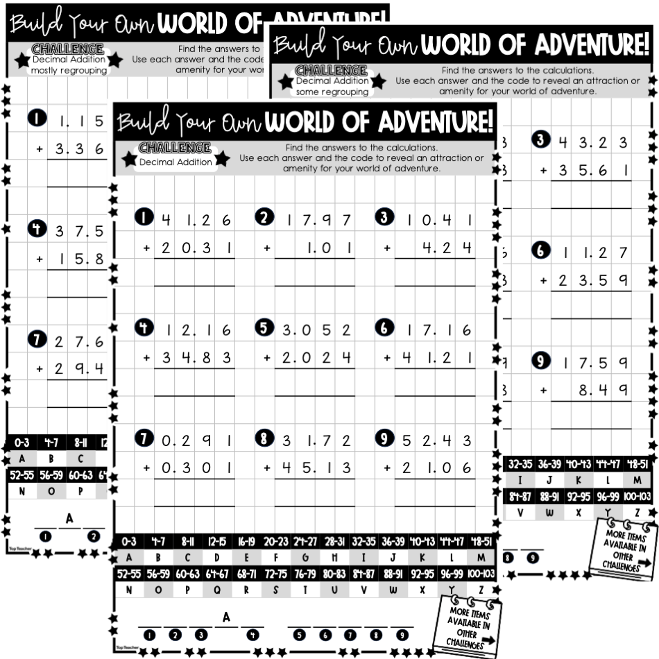 Decimal Addition World of Adventure Worksheets - Top Teacher