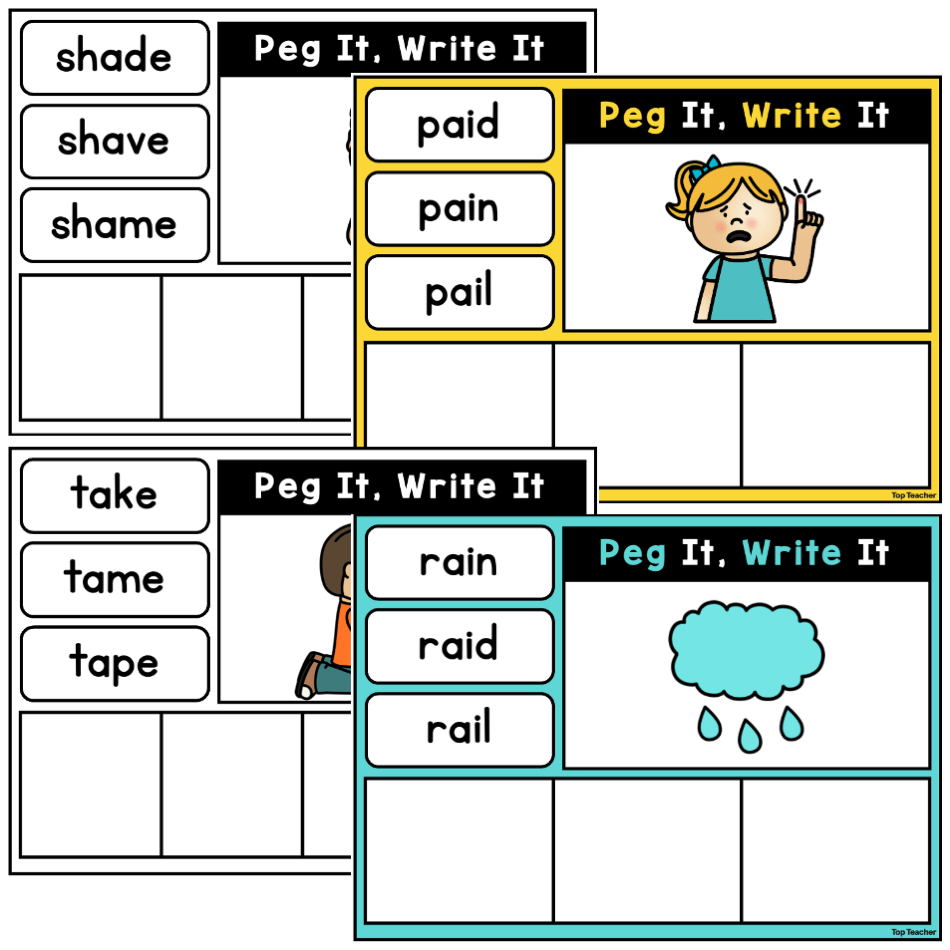 Peg It, Write It Task Cards: /ae/ - Top Teacher