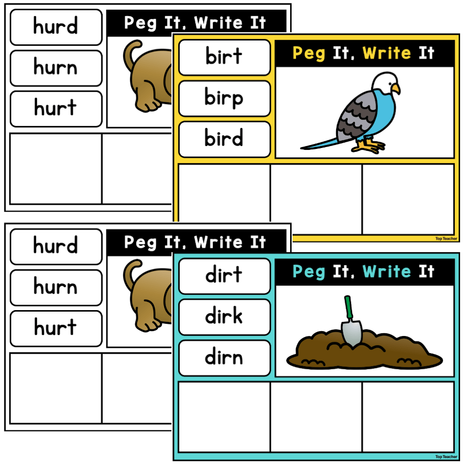 Peg It, Write It Task Cards: /er/ - Top Teacher