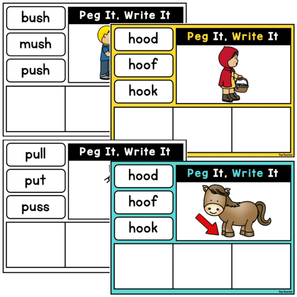 Peg It, Write It Task Cards: /oo/ (book) - Top Teacher