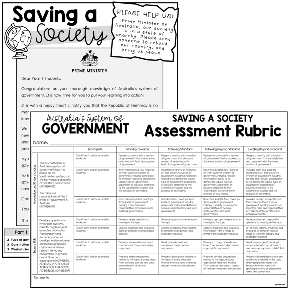 Civics & Citizenship Assessment Year 6: Saving a Society - Top Teacher