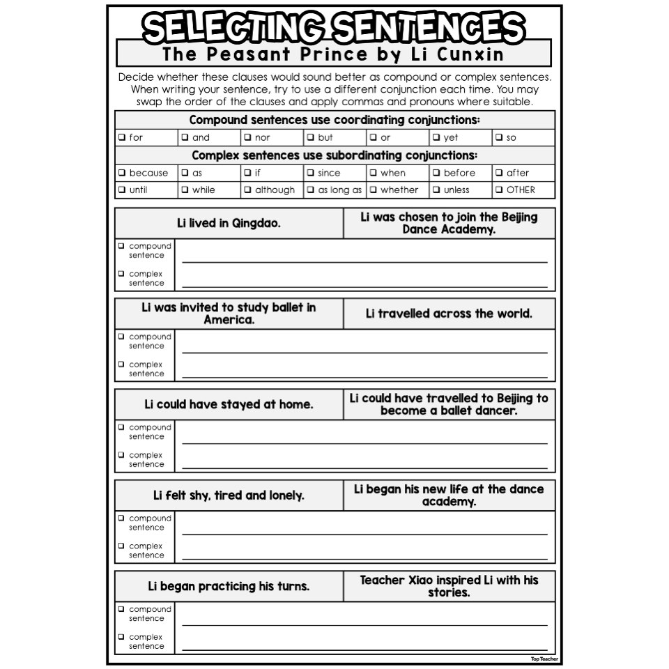 The Peasant Prince: Compound & Complex Sentences Worksheet - Top Teacher