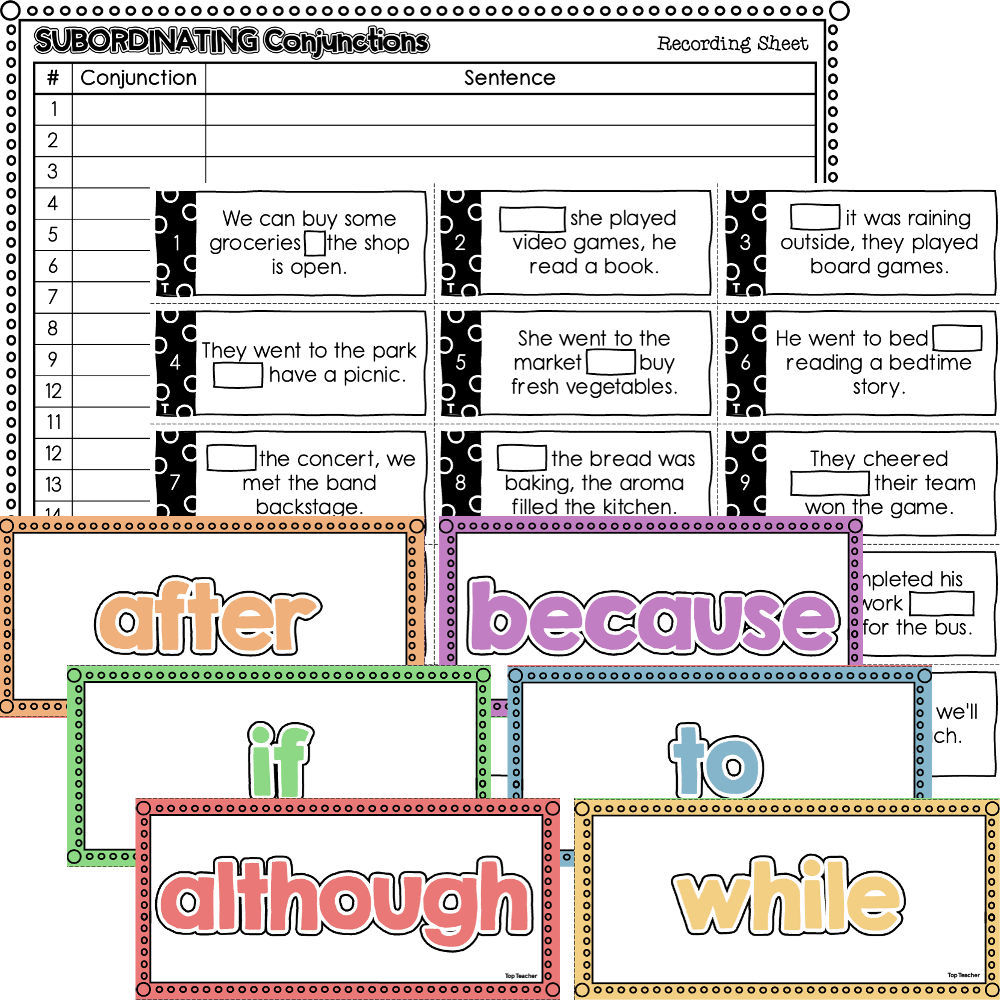 Subordinating Conjunctions Sorting Activity - Top Teacher