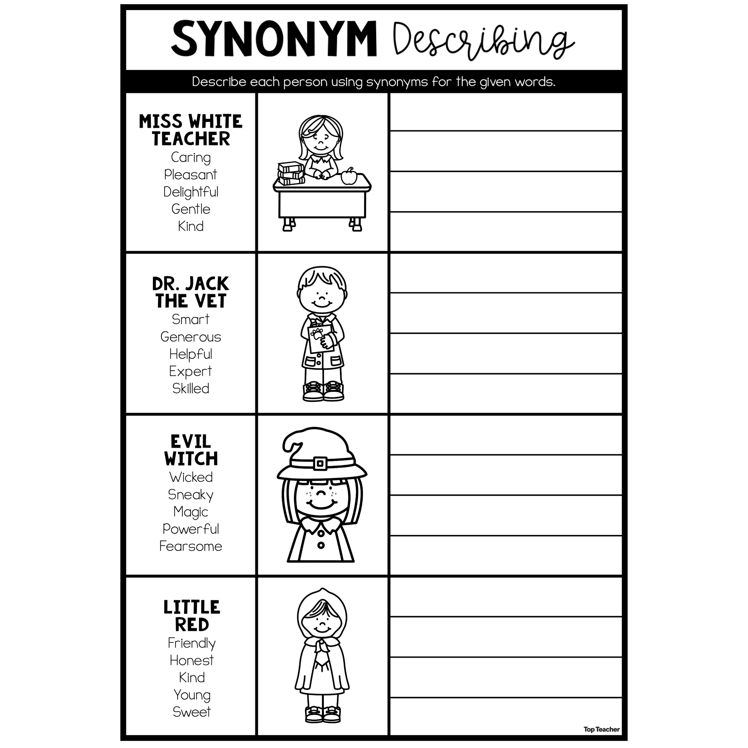 Synonym Describing Worksheet - Top Teacher