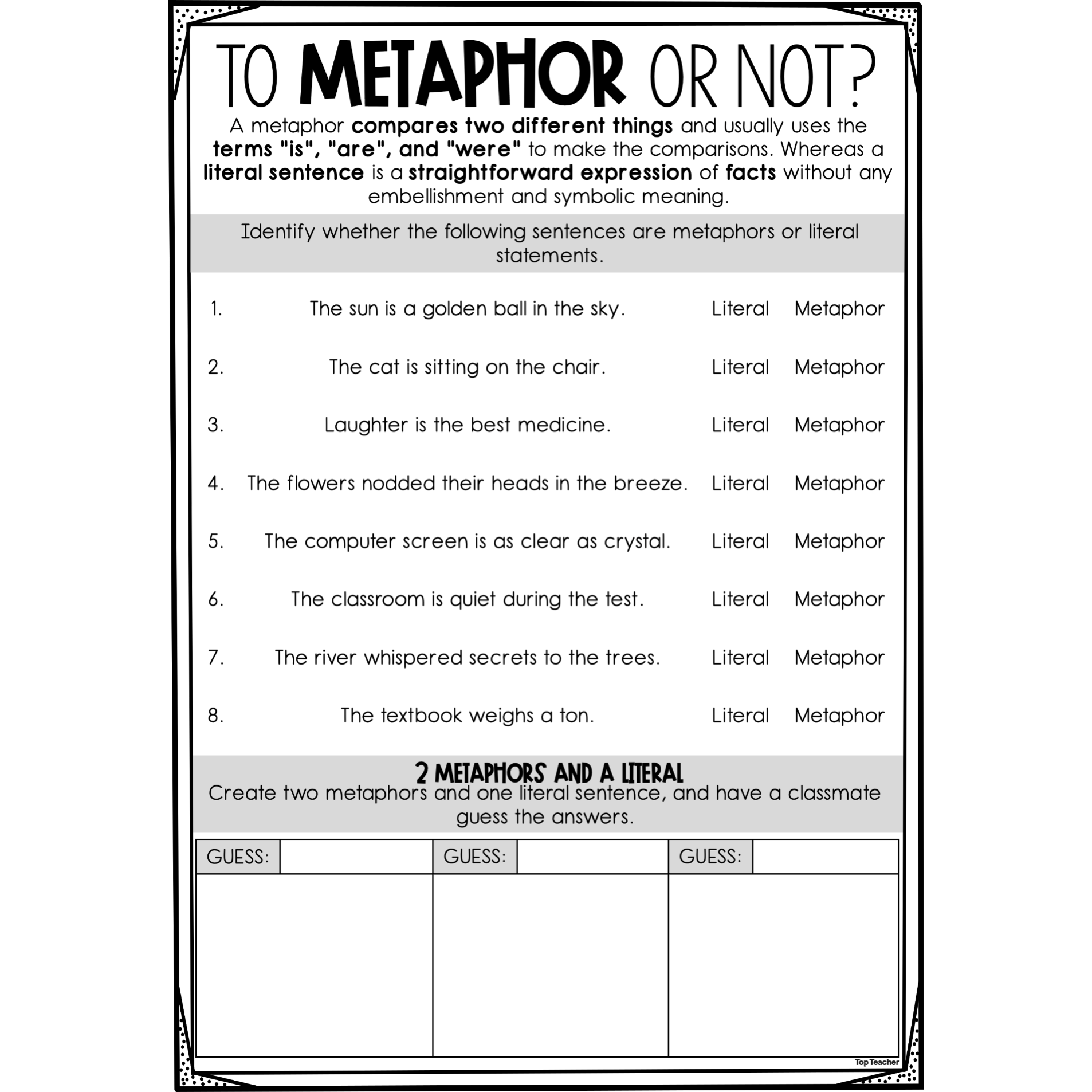 To Metaphor or Not? Worksheet - Top Teacher